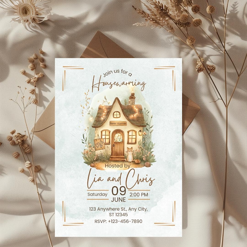 Editable Housewarming Invitation: Watercolor House, Canva Template ...