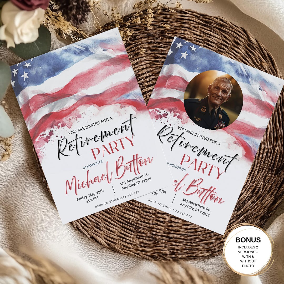 Patriotic Retirement Invitation Template: American Flag, Photo Option ...