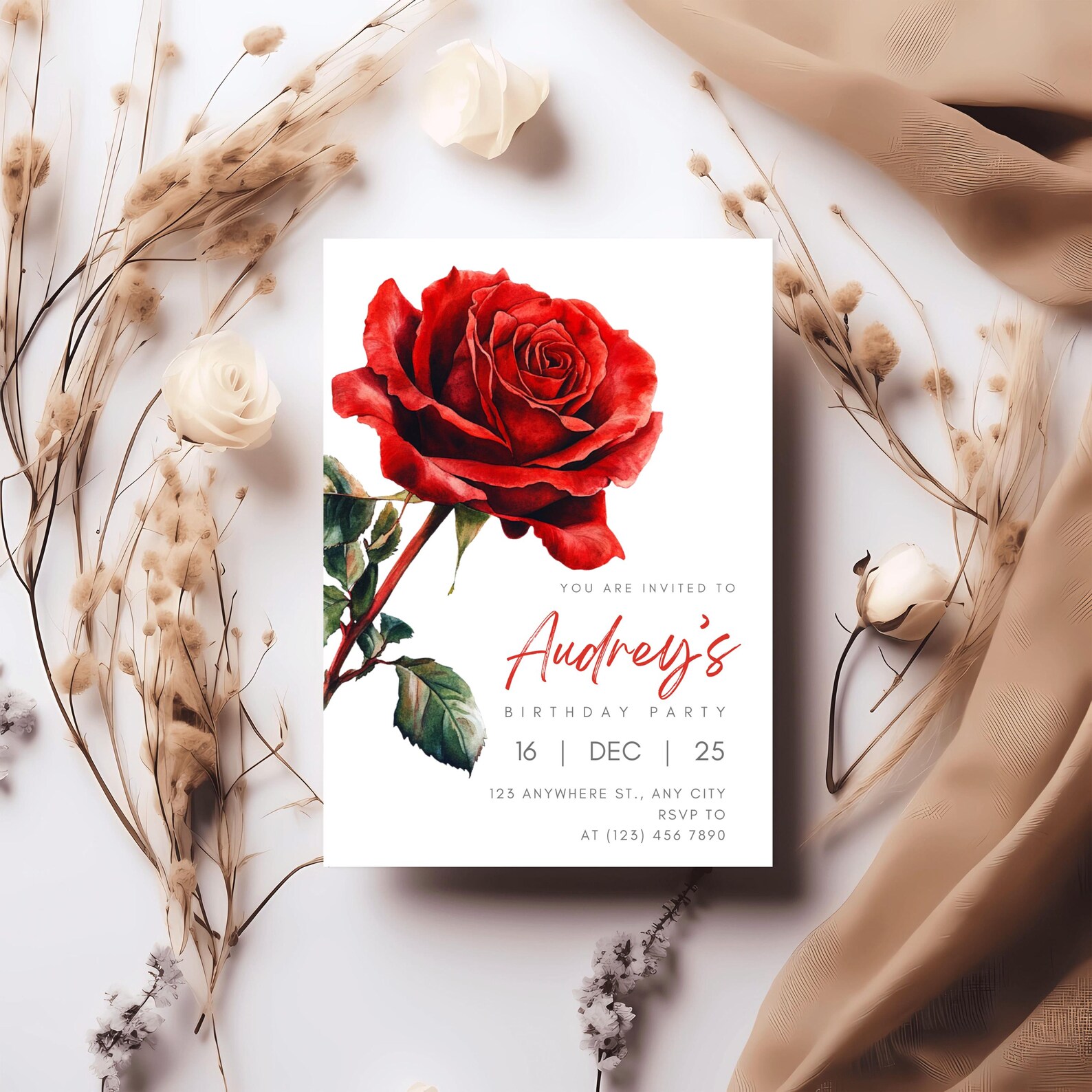 Elegant Red Rose Birthday Invitation – Printable Floral Party Invite ...