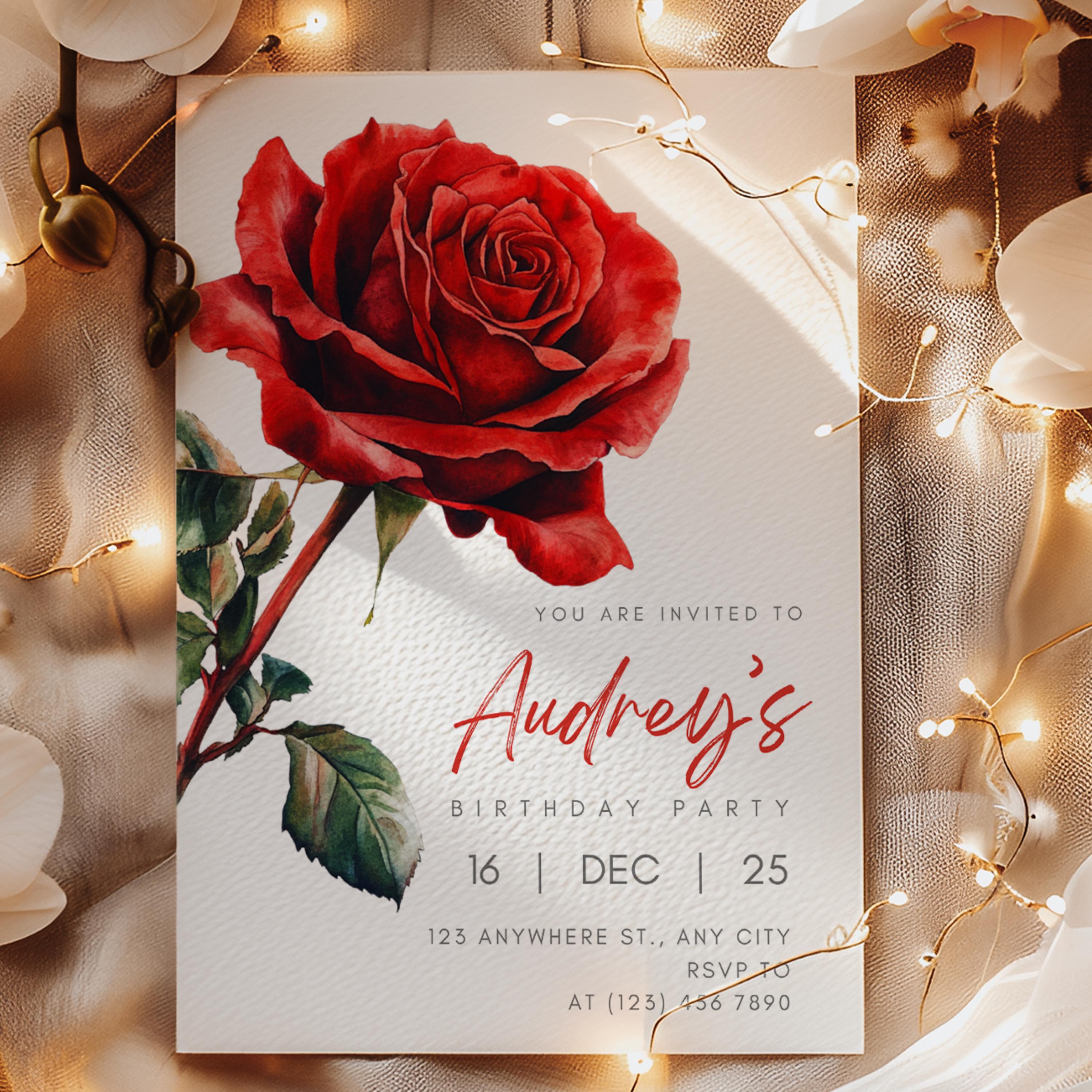 Elegant Red Rose Birthday Invitation: Floral Party Template (digital ...