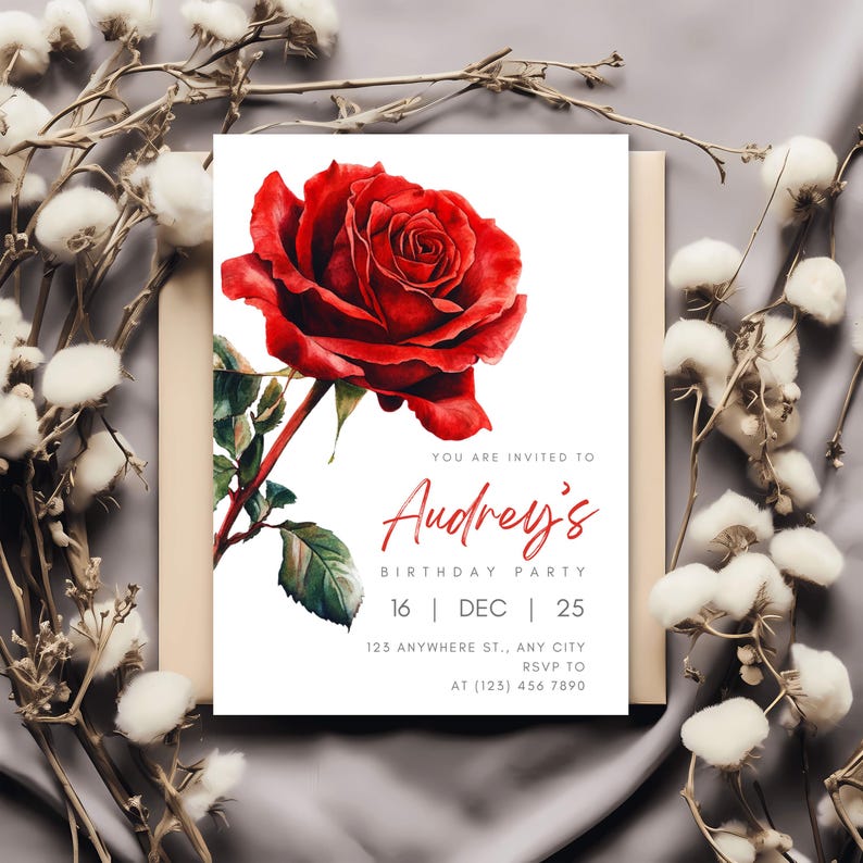 Elegant Red Rose Birthday Invitation – Printable Floral Party Invite ...