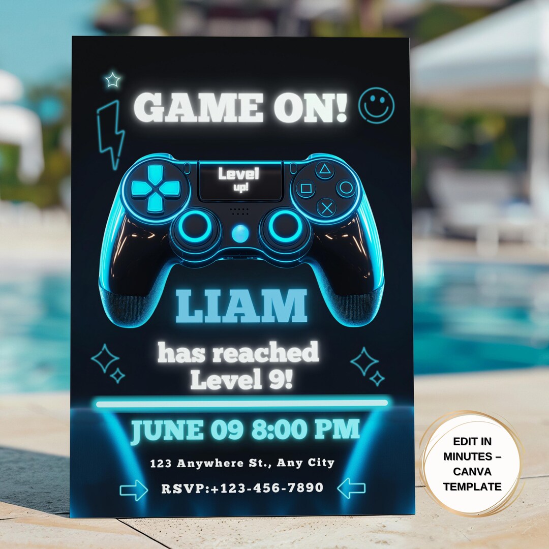 Neon Gamer Birthday Invitation: Level up Party, Editable Canva Template ...
