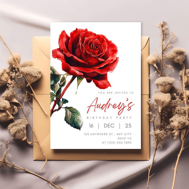 Elegant Red Rose Birthday Invitation – Printable Floral Party Invite ...