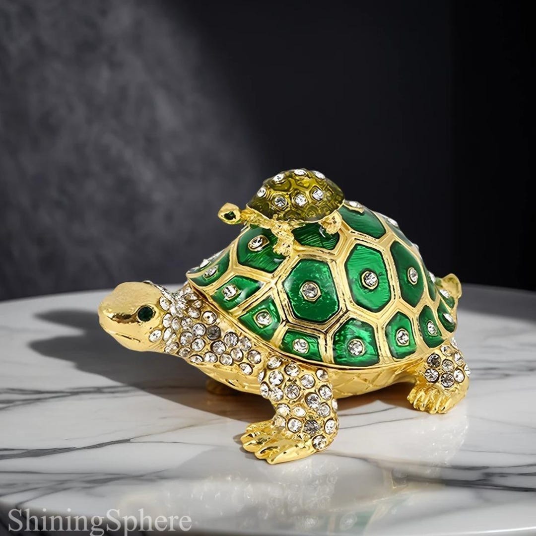 Vintage Tortoise Trinket Box With Enamel and Rhinestone Design Jewelry ...