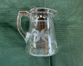 Antique Floral Etched Crystal Syrup Pitcher 7oz Tin Lid | Vintage Small ...
