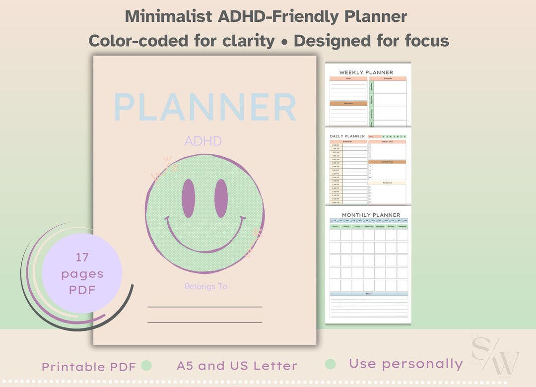 Adhd-friendly Printable Planner, Minimalist Layout, Color-coded, Daily ...