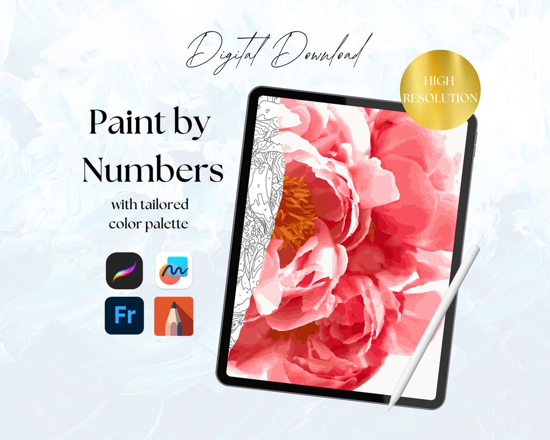 Pink Peony Detail Digital Paint by Number Kit for Adults - for Print or Coloring Apps ...