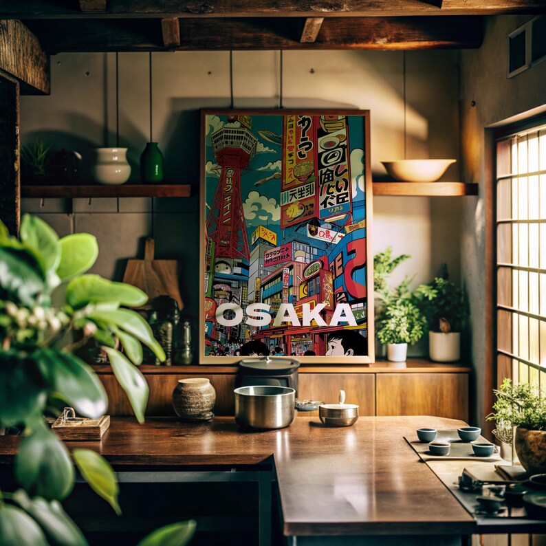 Japanese Osaka Wall Art – Tsutenkaku Tower Retro Comic Street Scene ...