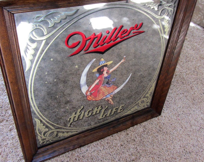 Retro Vintage MILLER HIGH LIFE Beer Girl on Moon Pub Mirror ...