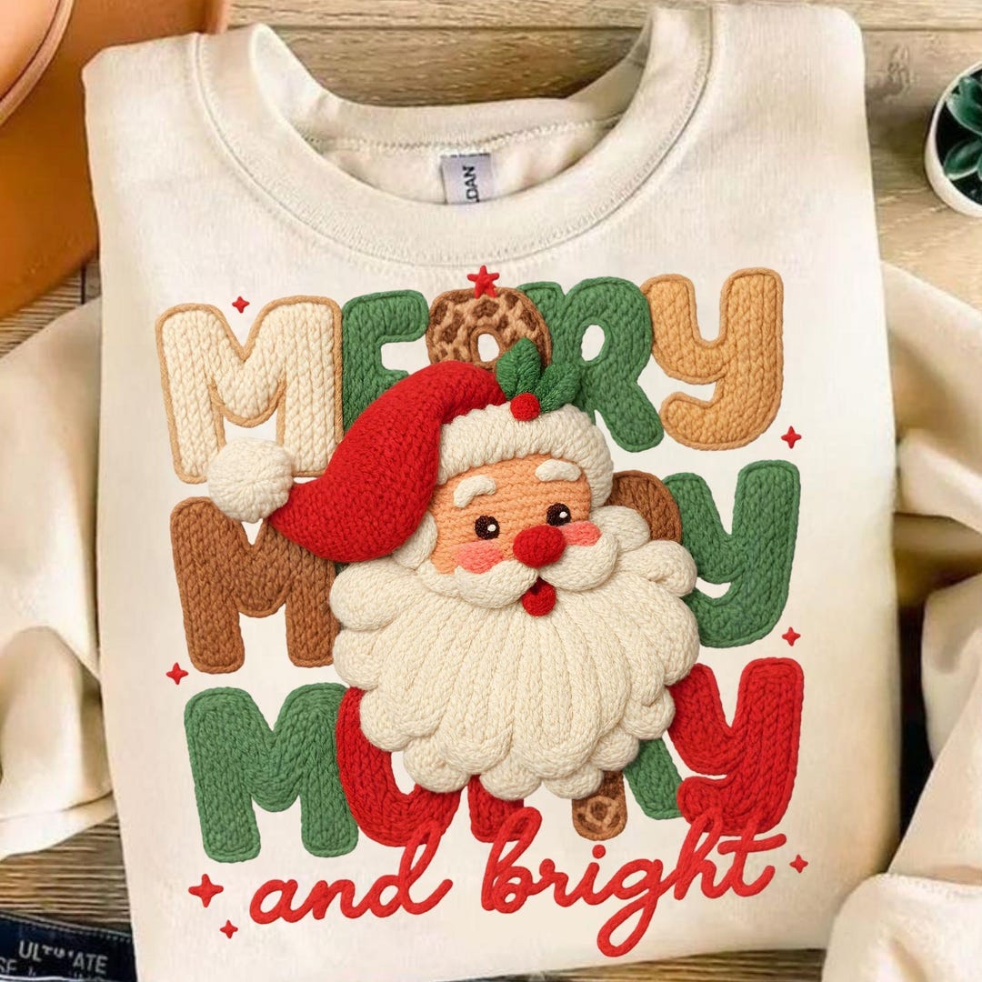 Merry and Bright Santa PNG, Crochet Yarn Style Christmas Design, Cozy ...