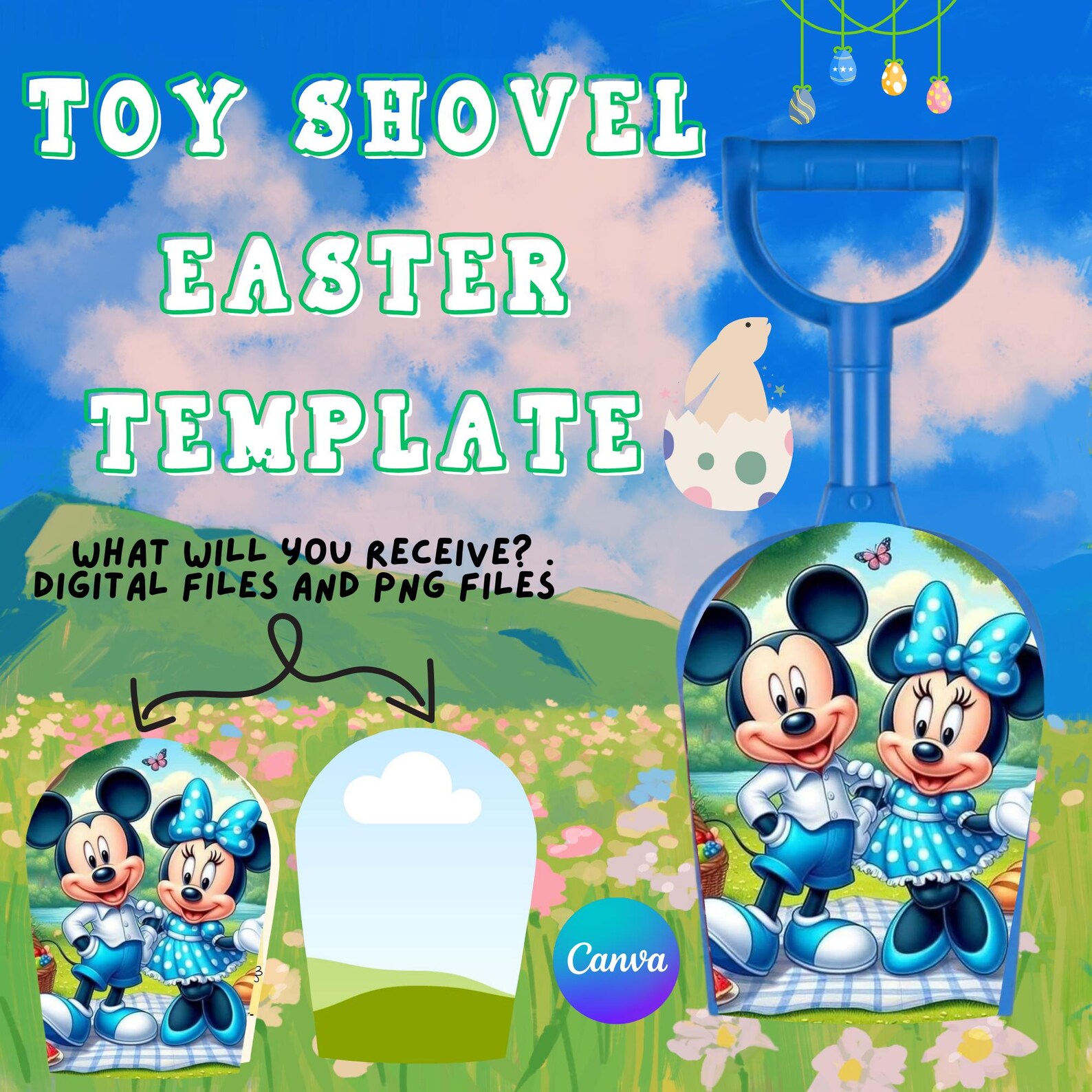 Mouse Toy Shovel Easter Canva Template, Editable Easter Basket Label ...
