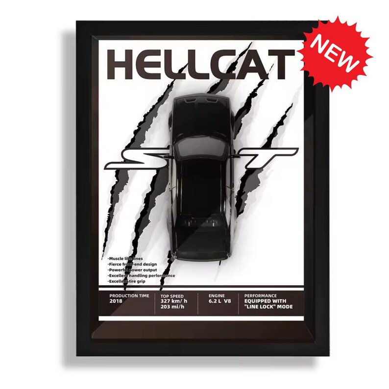 Framed 3D Dodge Hellcat Diecast Model (1:32) – Muscle Car Wall Art for ...