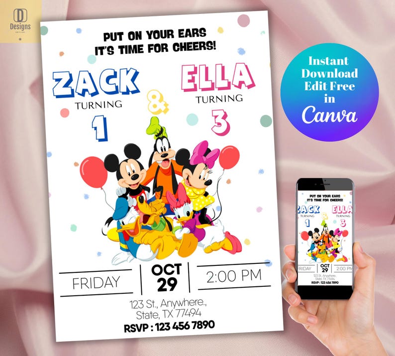 Mickey Mouse Clubhouse Siblings Birthday Invitation, Canva Template ...