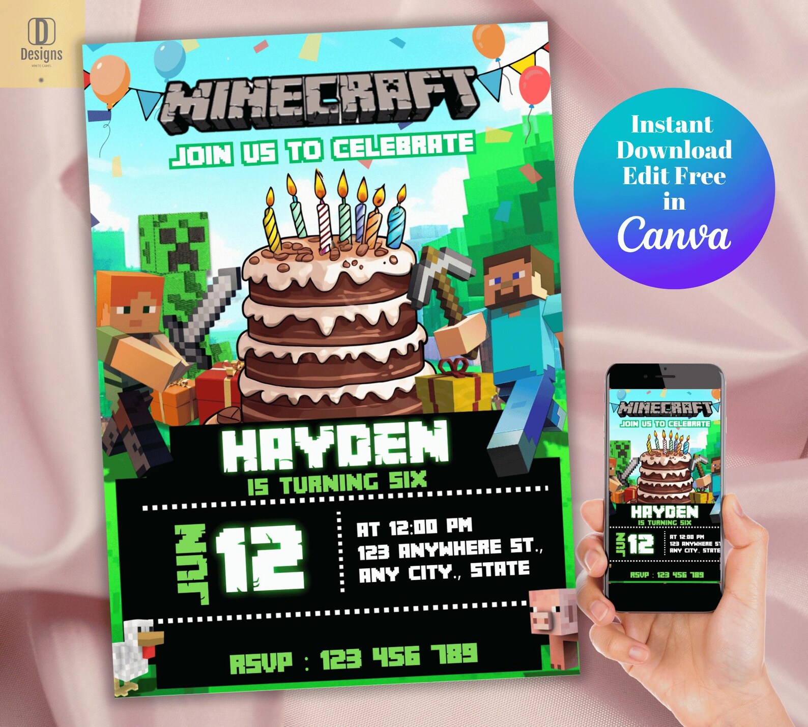Pixel Block Birthday Invitation, Gamer Editable Birthday Party Template ...