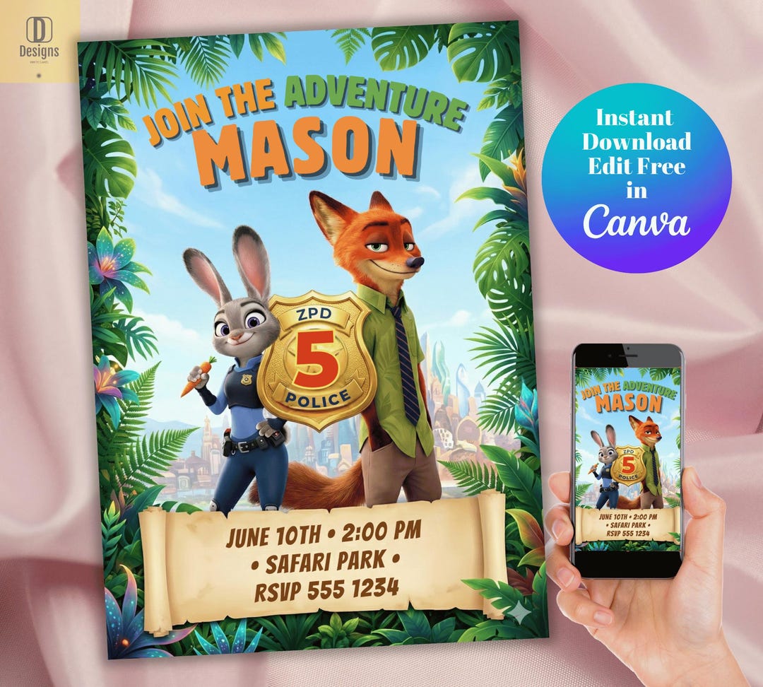 Zootopia Birthday Invitation Template, Judy Hopps & Nick Wilde ...