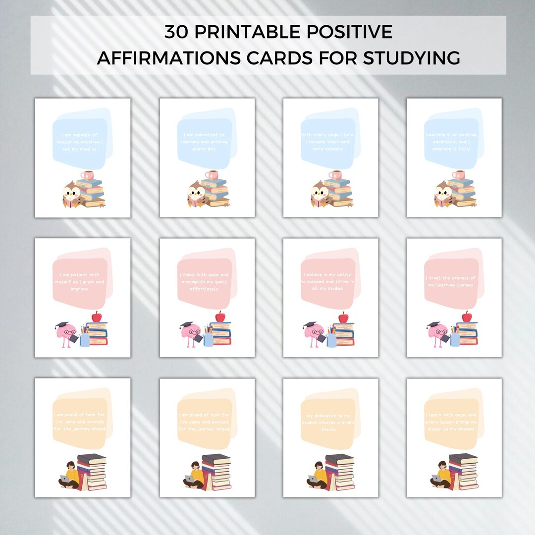 30 Printable Positive Affirmation Cards for Studying 3 Unique Designs ...