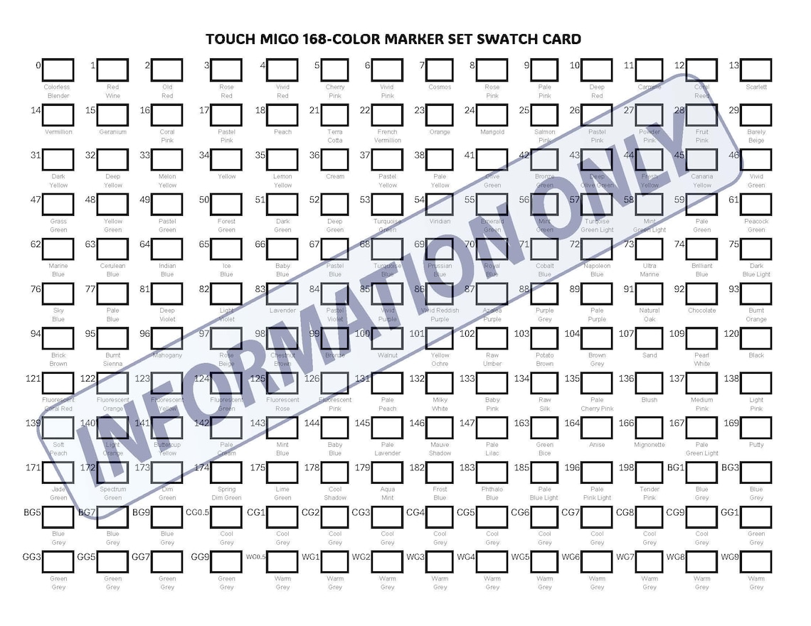 Touch Migo 168 Color Swatch Card | Numerical Order | Printable PDF - Etsy