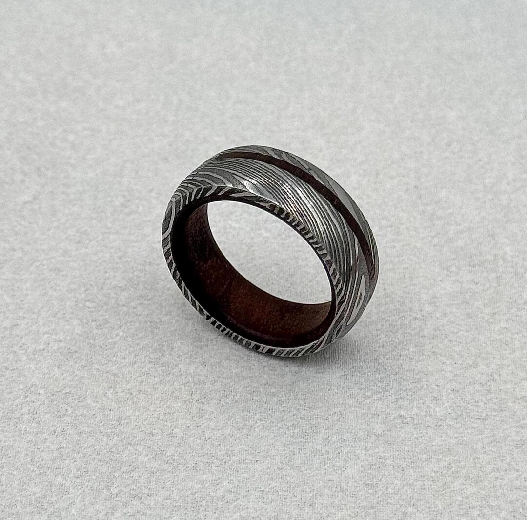 Damascus Ring Mens Wedding Band Men Damascus Steel Whiskey Barrel Ring ...