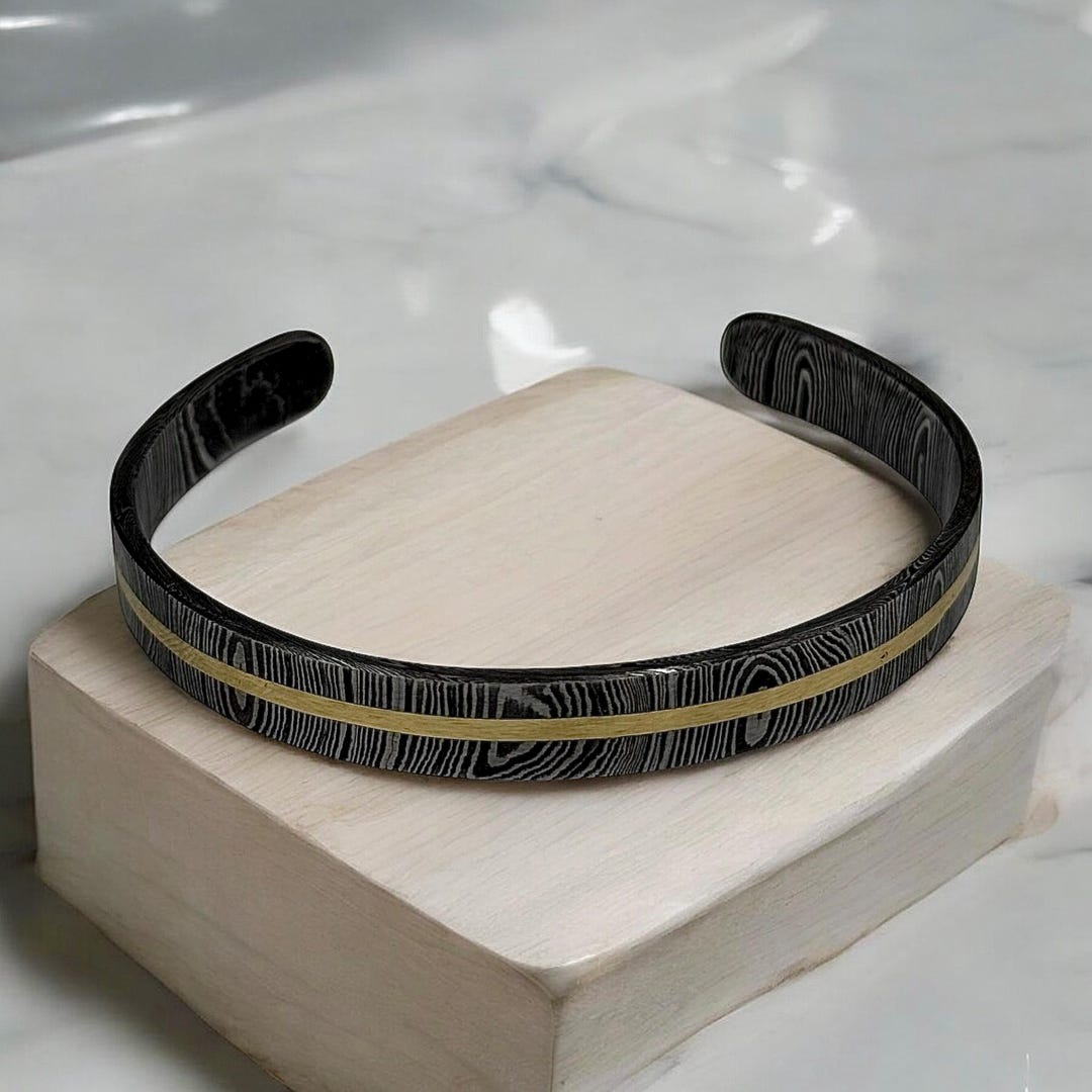 Damascus Steel Bracelet Handmade Brass Inlay Cuff Bracelet for Him Mens ...
