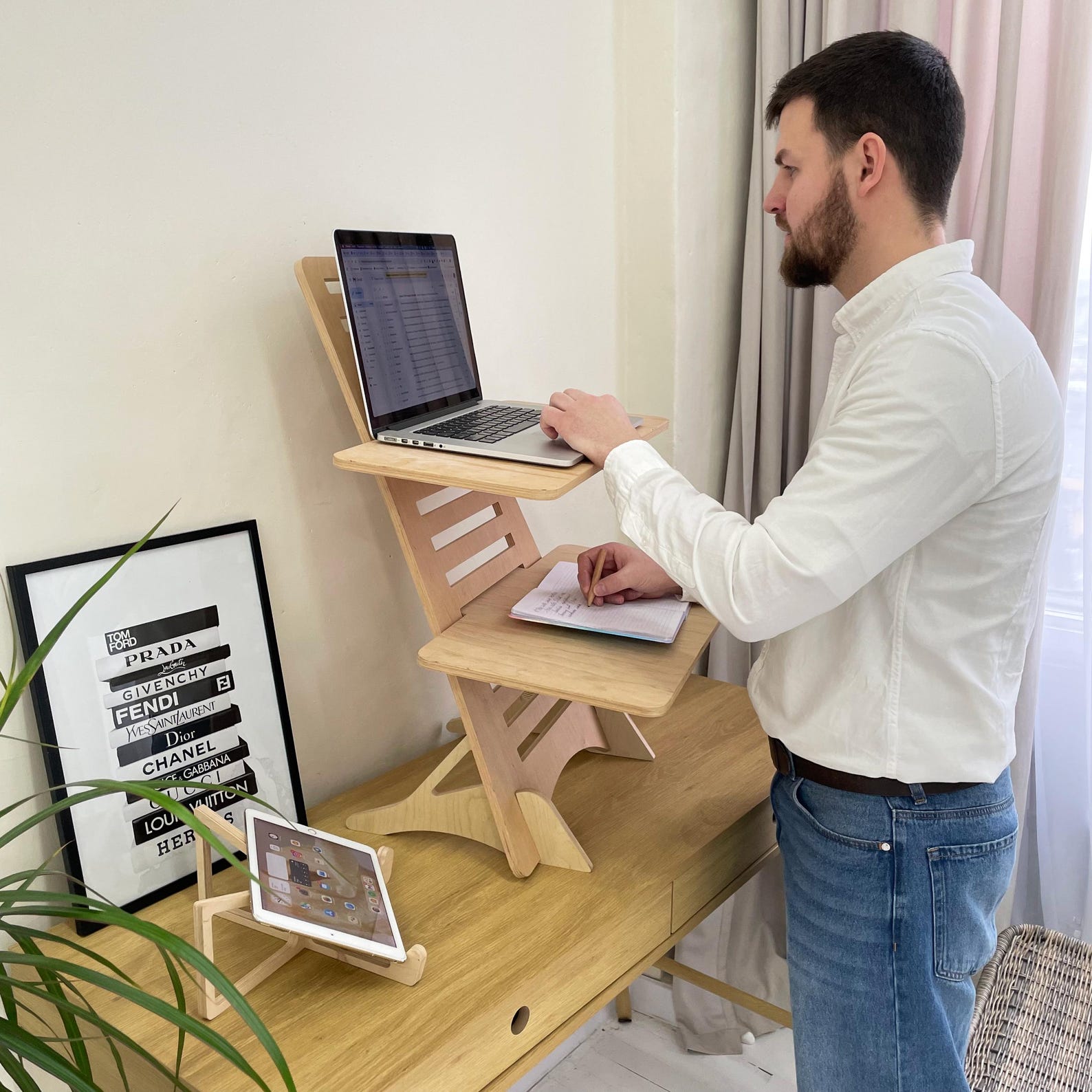 Ergonomic Birch Plywood Standing Desk: Adjustable Dual Shelf ...