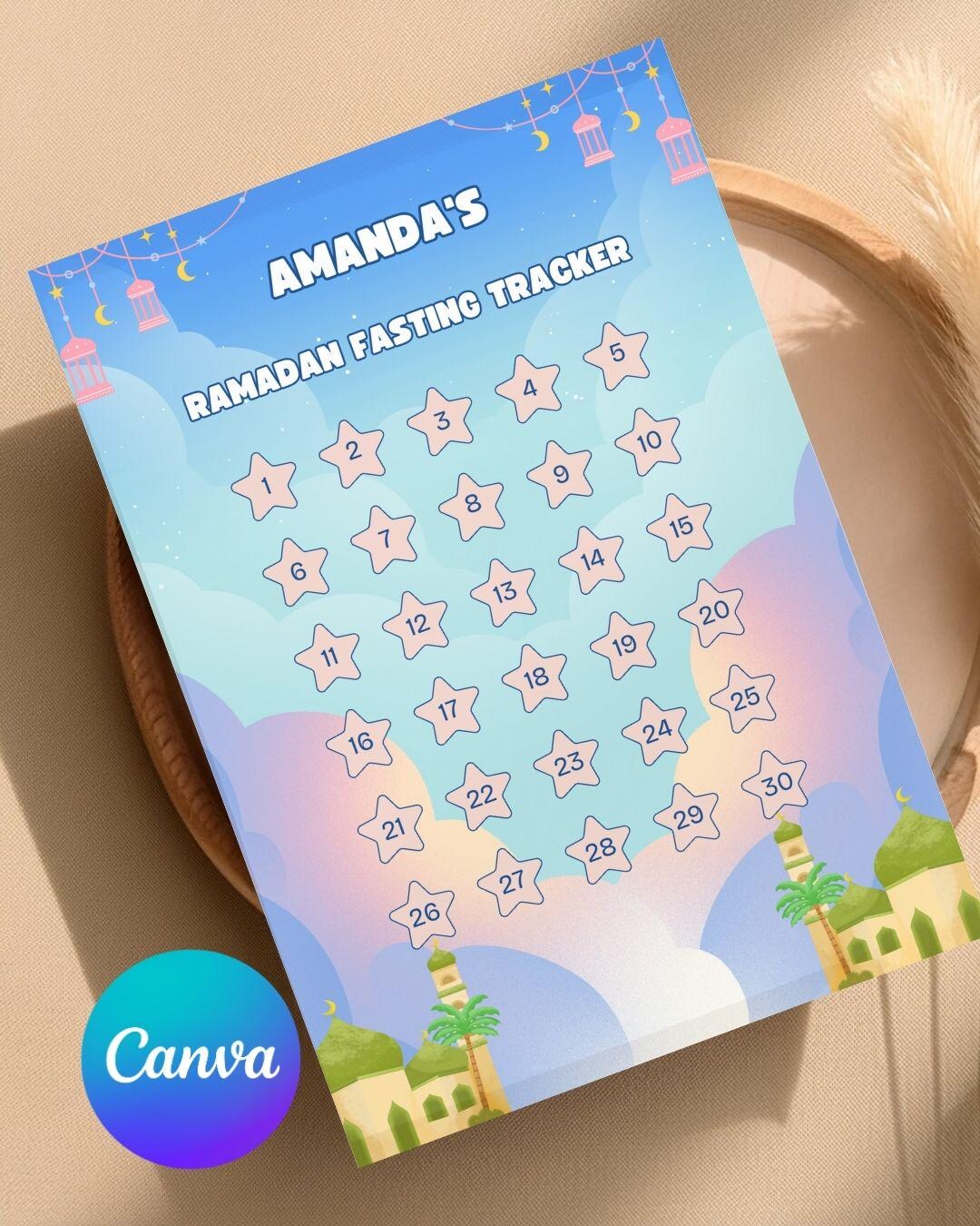 Ramadan Fasting Tracker Progress Editable Calendar Kids Canva Planner ...