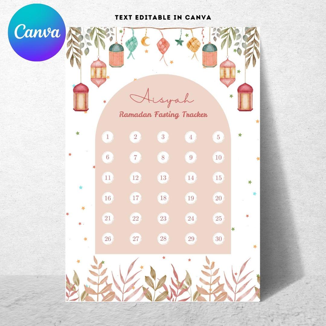 Ramadan Fasting Tracker Progress Editable Calendar Kids Canva Planner ...