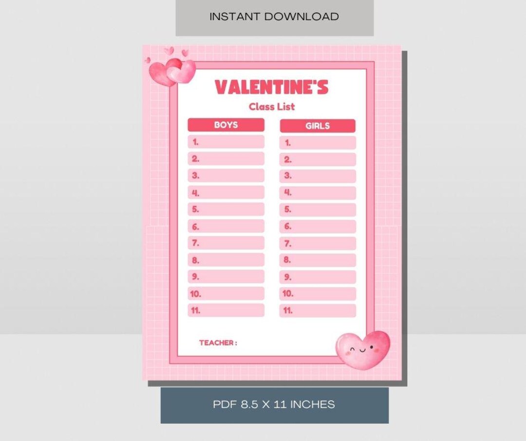 Valentine's Class List Printable PDF Sign up Sheet Student Teacher ...