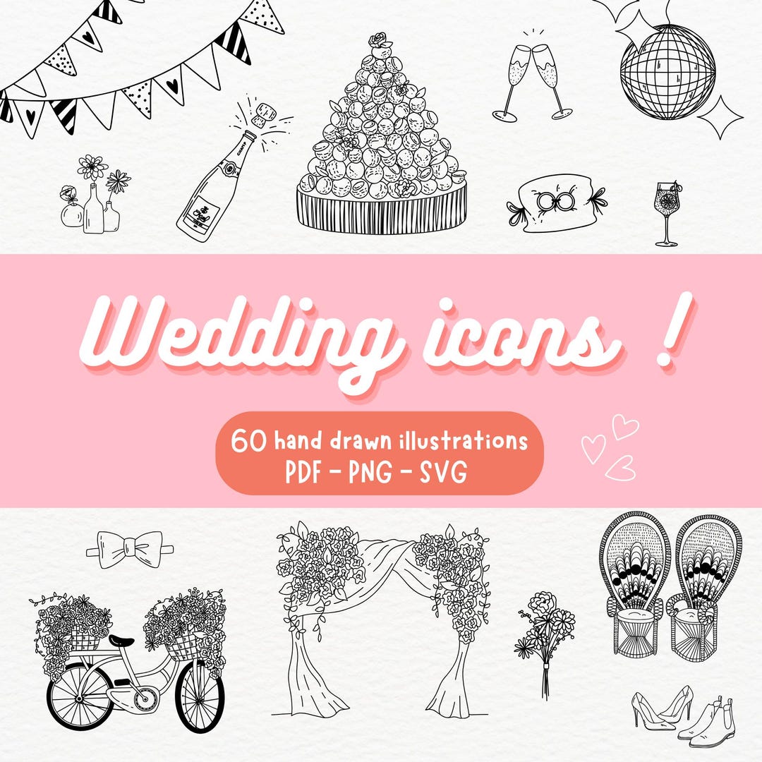 Pack of 60 Hand Drawn Wedding Icons | PNG + SVG + PDF Files | Digital ...