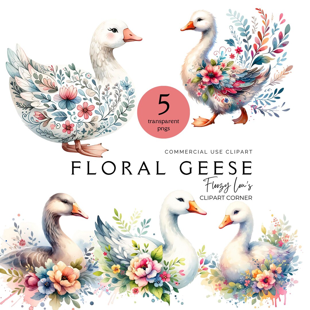 Floral Goose Clipart Bundle, Pretty Geese Clipart Pack, Goose for ...