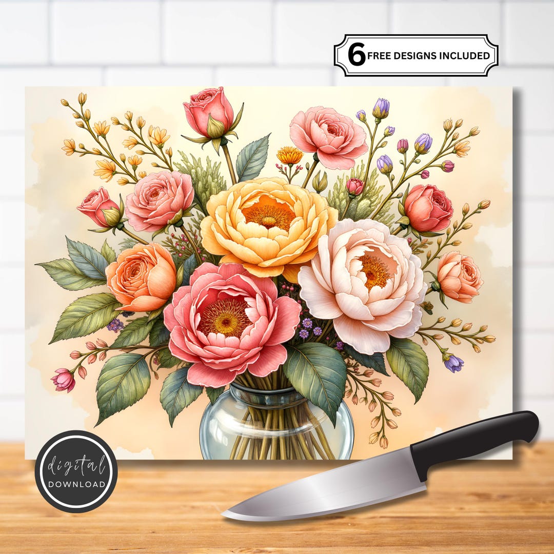 Pretty Flowers Glass Cutting Board PNG, Kitchen Design, Sublimation - Etsy