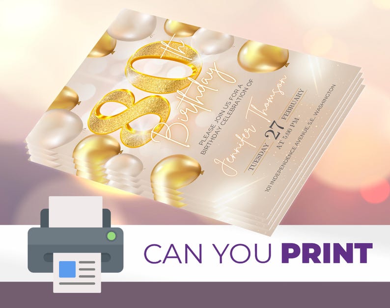 80th Birthday Invitation Gold, Digital 80th Invite Editable Template ...