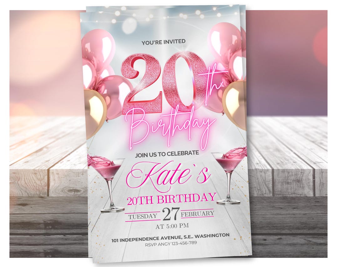 20th Birthday Party Invitation Rose, Digital 20th Invite Editable Template - Etsy