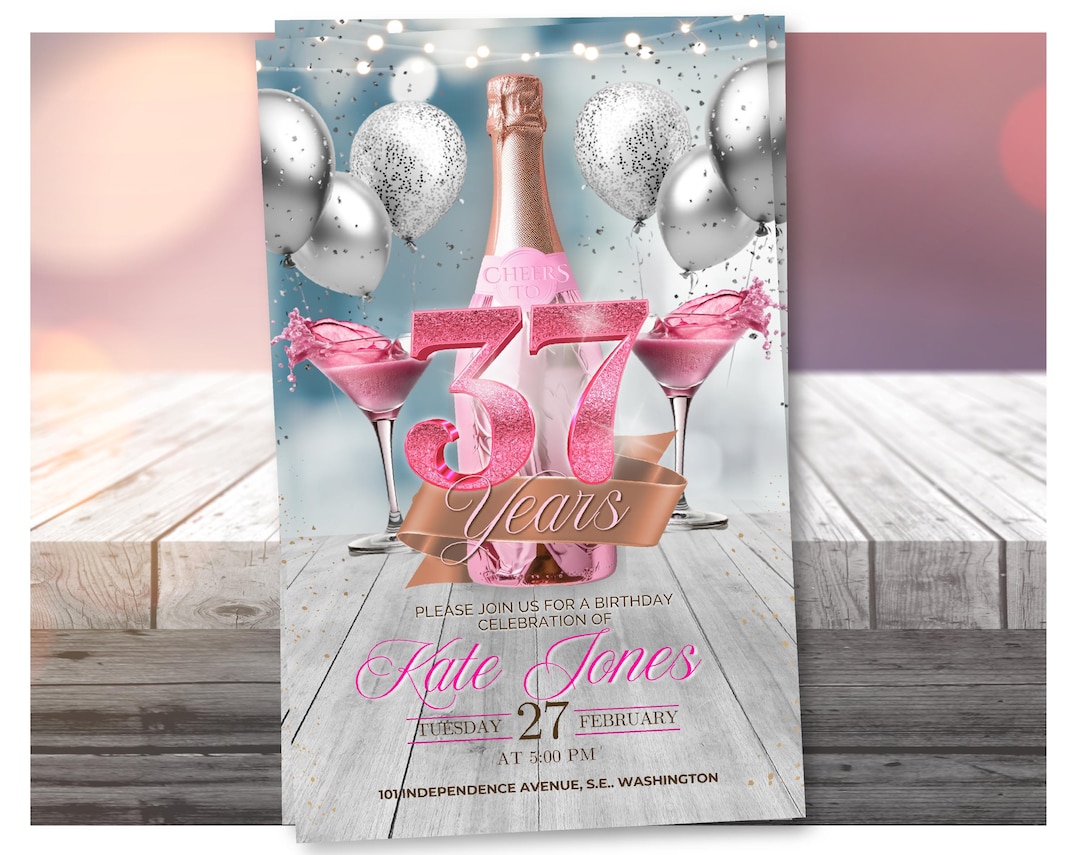 37th Birthday Invitation Pink Champagne, Elegant Rose Gold Birthday ...