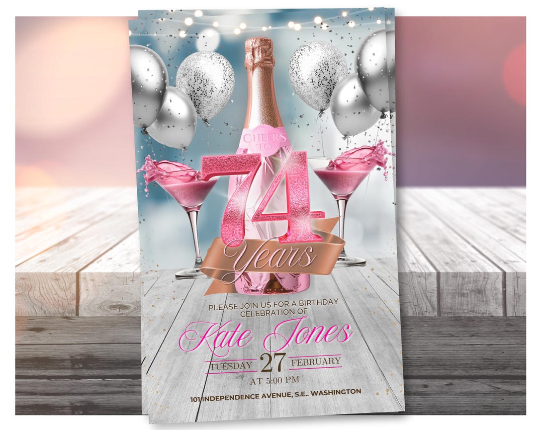 74th Birthday Invitation Pink Champagne, Elegant Rose Gold Birthday ...