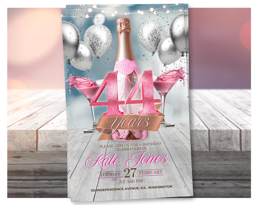 44th Birthday Invitation Pink Champagne, Elegant Rose Gold Birthday ...
