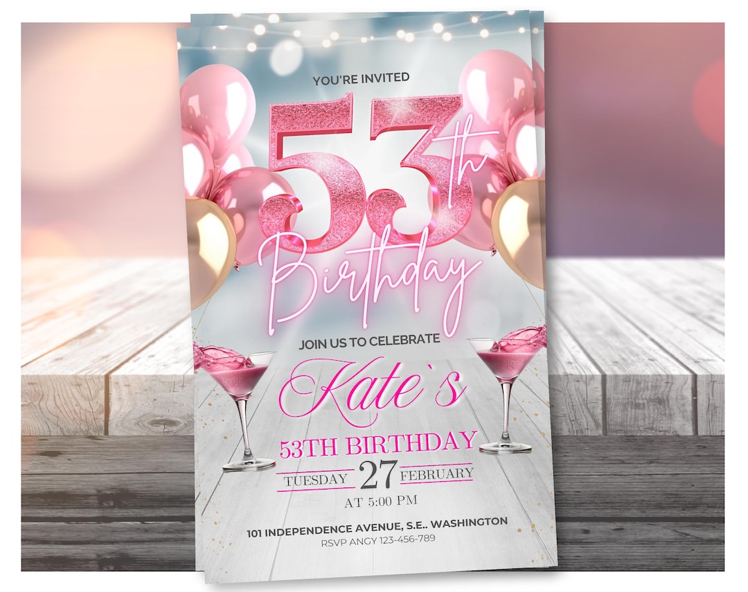 53th Birthday Party Invitation Rose, Digital 53th Invite Editable ...