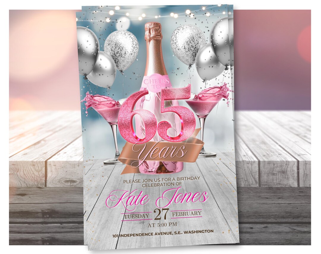 65th Birthday Invitation Pink Champagne, Elegant Rose Gold Birthday ...