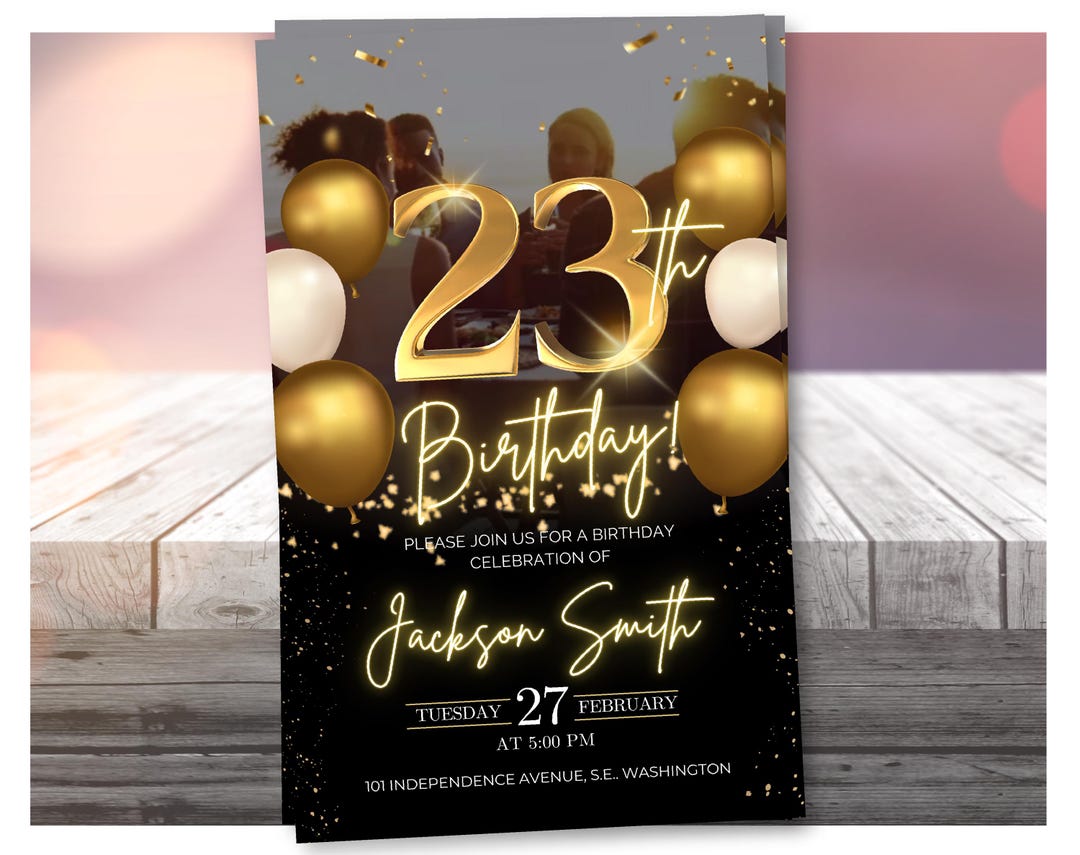 23th Birthday Invitation, Gold Black Digital 23th Invite Editable ...