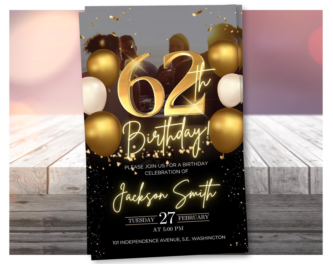 62th Birthday Invitation, Gold Black Digital 62th Invite Editable ...