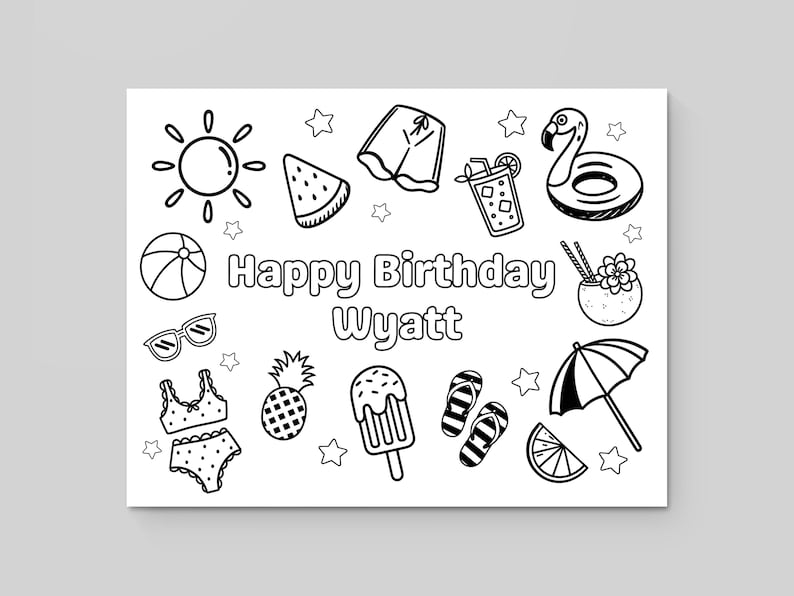 Pool Birthday Coloring Page, Summer Party Printable for Kids (editable ...