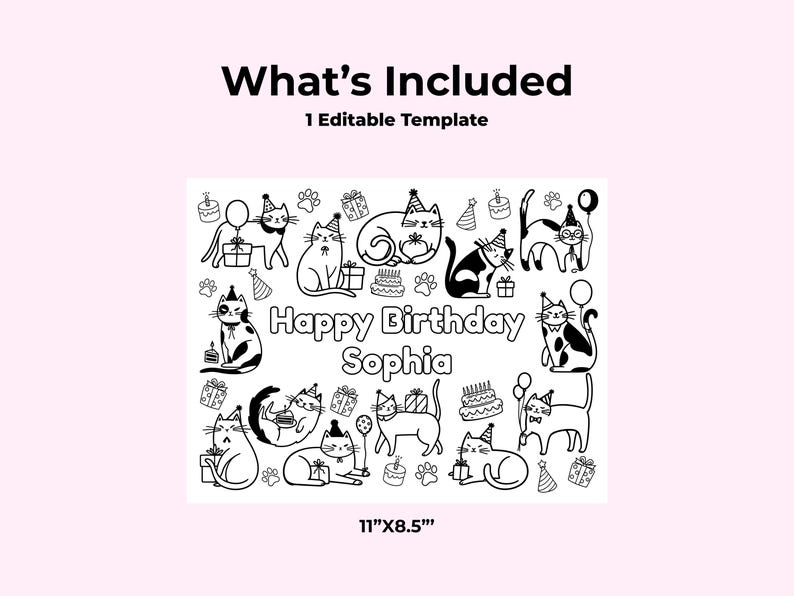 Cat Birthday Coloring Page, Kitten Party Printable for Kids (editable ...