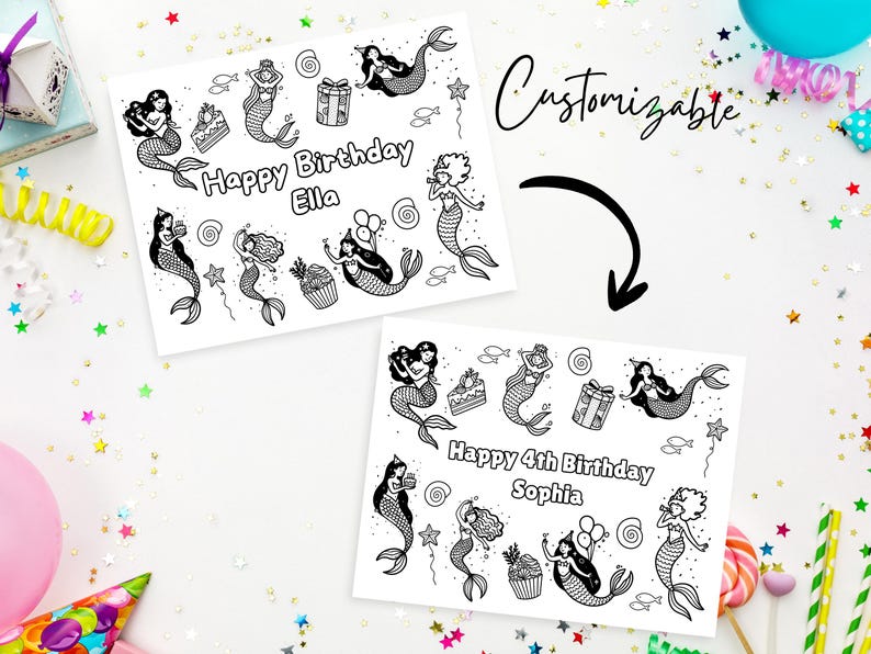 Mermaid Birthday Coloring Page, Mermaid Birthday Party, Printable Kids ...
