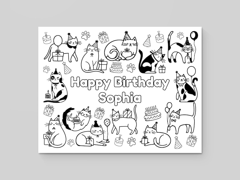 Cat Birthday Coloring Page, Kitten Party Printable for Kids (editable ...