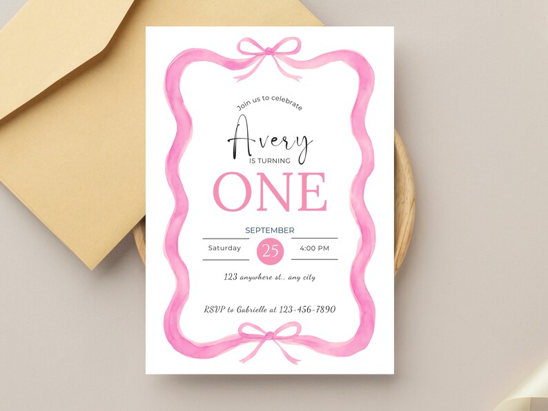 Pink Bow Birthday Invitation, Watercolor Ribbon Party Invite (editable ...
