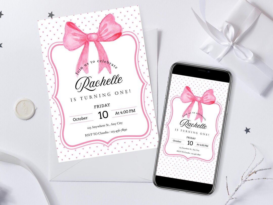 Pink Bow Birthday Invitation, Watercolor Ribbon Party Invite (editable ...