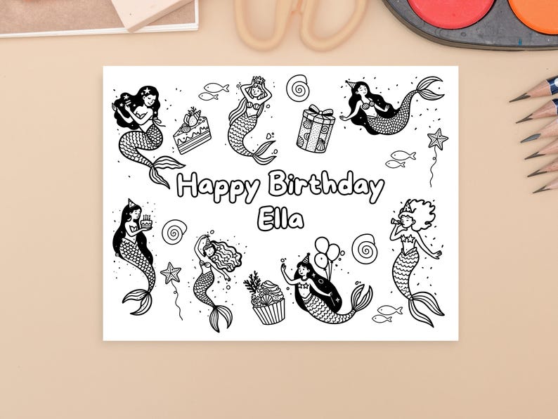 Mermaid Birthday Coloring Page, Mermaid Birthday Party, Printable Kids ...