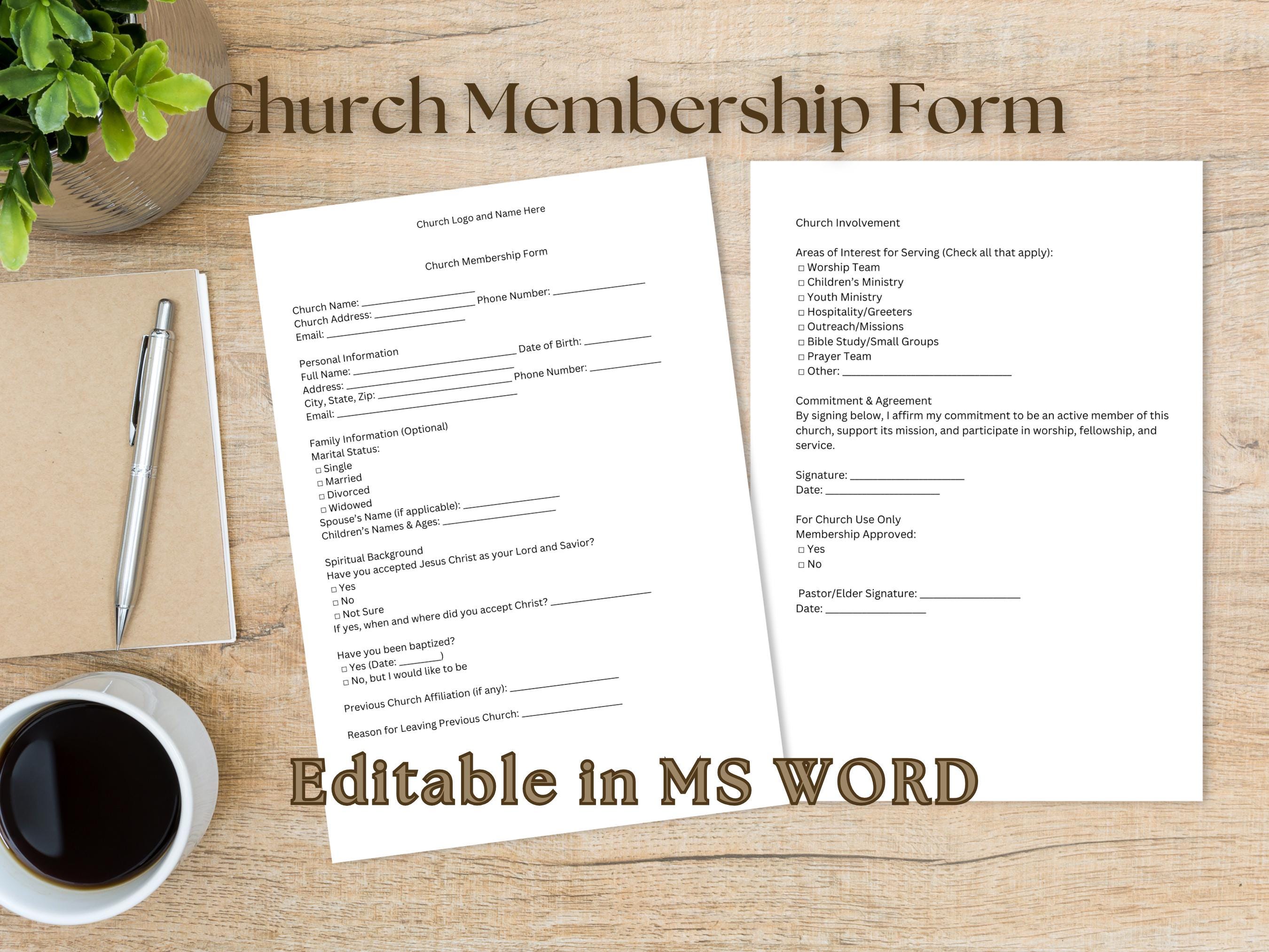 Church Membership Form Editable in MS Word - Etsy