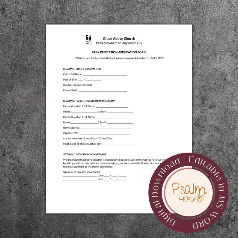Church Baby Dedication Form Template: Editable Christian Ceremony (MS ...