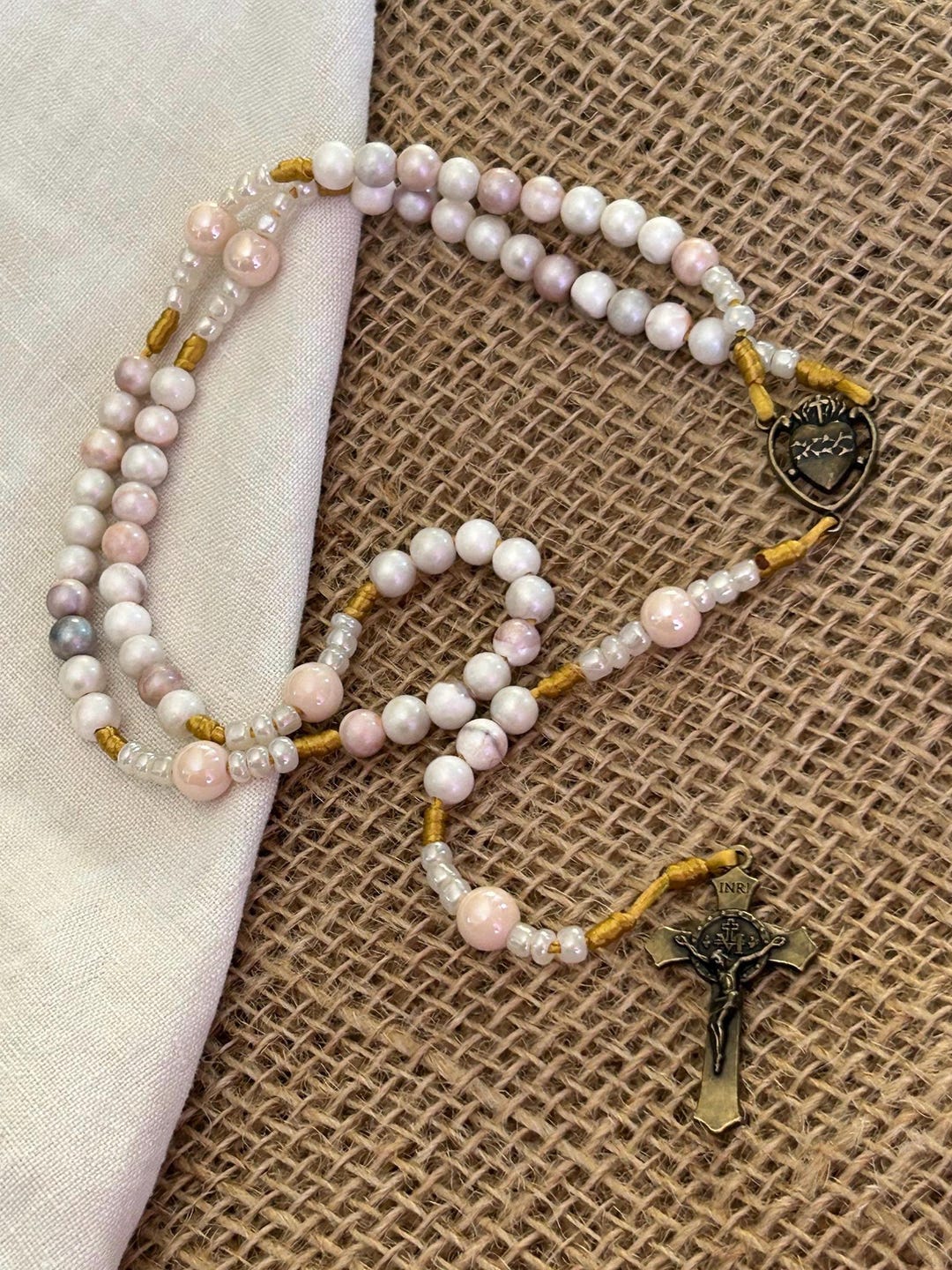 Miraculous Medal and Sacred Heart Rosary Beads. Pearlesque Persian ...