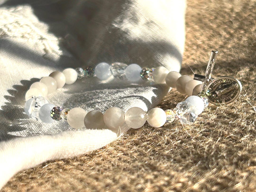 Miraculous Medal Bracelet, Moonstone, Blue Lace Agate, Crystal, Silver ...